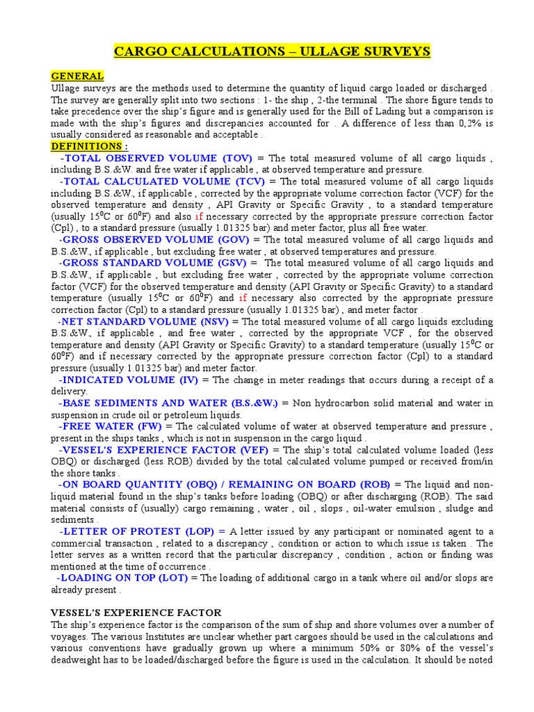 Cargo Calculations - Ullage Surveys | PDF | Distillation | Petroleum