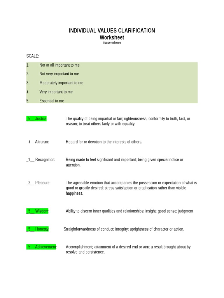 Individual Values Clarification Worksheet: Source Unknown | PDF | Well ...