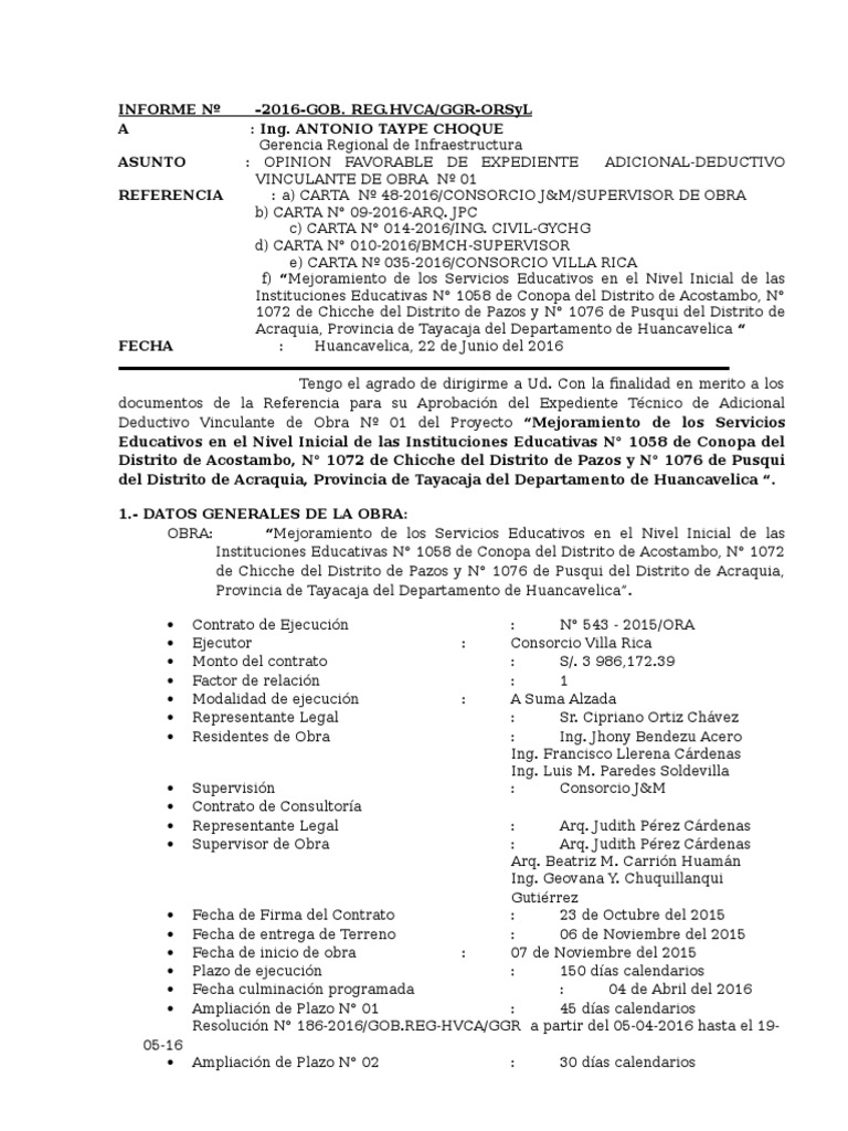 Informe de Adicional y Deductivo Vinculante de Obra N 01 Conopa ... Informe de Adicional y Deductivo Vinculante de Obra N 01 Conopa ...