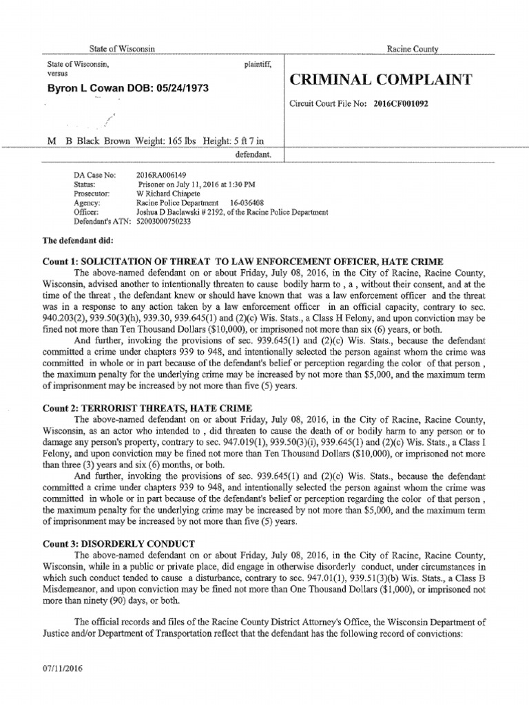 Criminal Complaint Byron L. Cowan | PDF | Justice | Crime & Violence