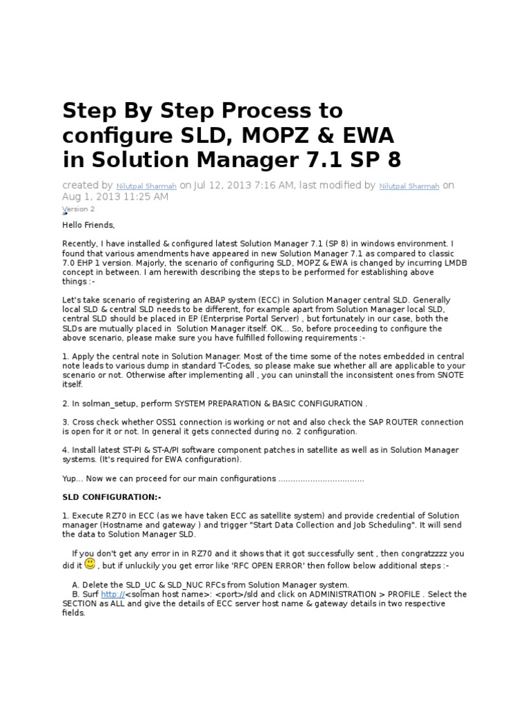 A Step-by-Step Guide to Configuring SLD, MOPZ, and EWA in SAP Solution Manager 7.1 SP8 | PDF ...