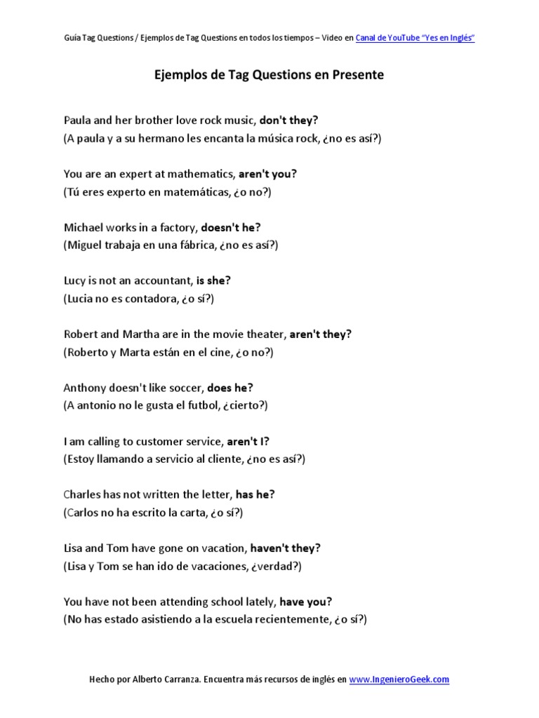 Ejemplos de Tag Questions en Todos Los Tiempos Verbales PDF Question ...
