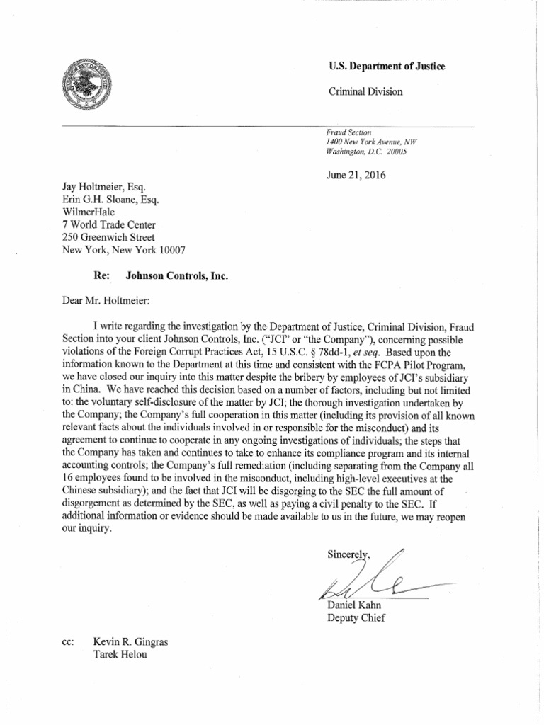 DOJ Letter Johnson Controls | PDF