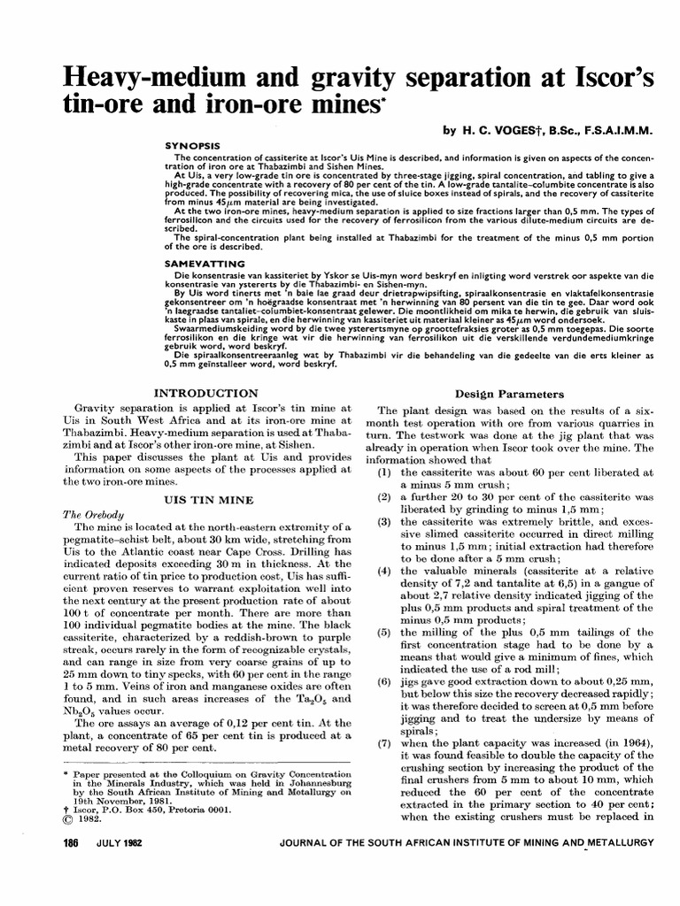 Heavy-Medium: and Gravity Separation at Iscor's Tin-Ore and Iron-Ore ...