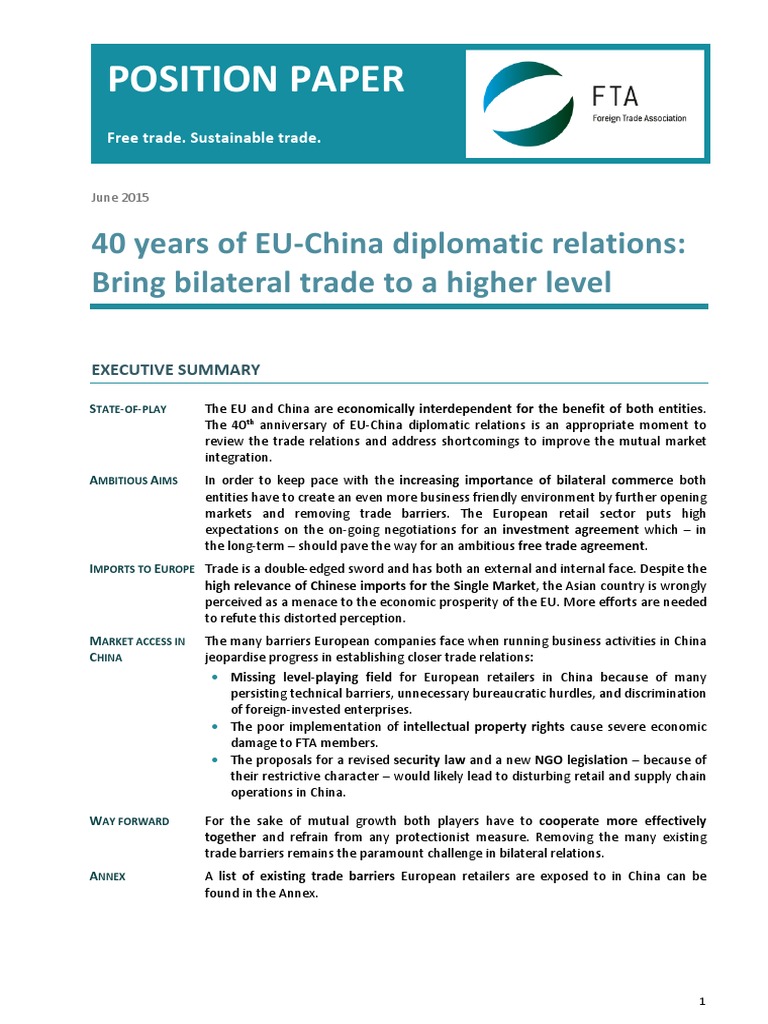 FTA Position Paper - EU-China Trade Relations (06.2016) | PDF ...
