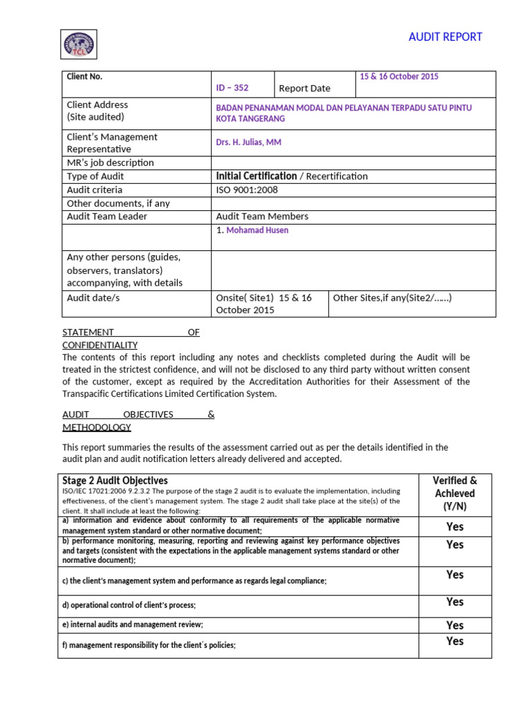 Initial Certification / Recertification: Audit Report | PDF | Audit ...