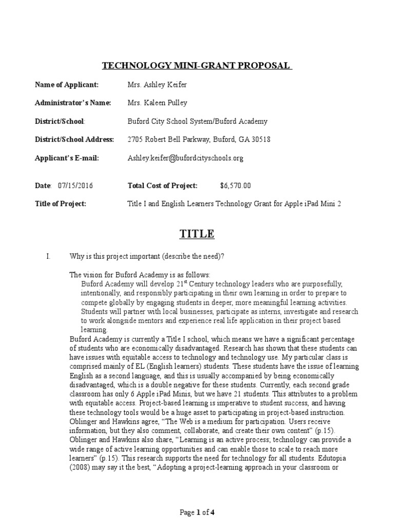 Keifer Grant Proposal | PDF | Project Based Learning | Educational ...