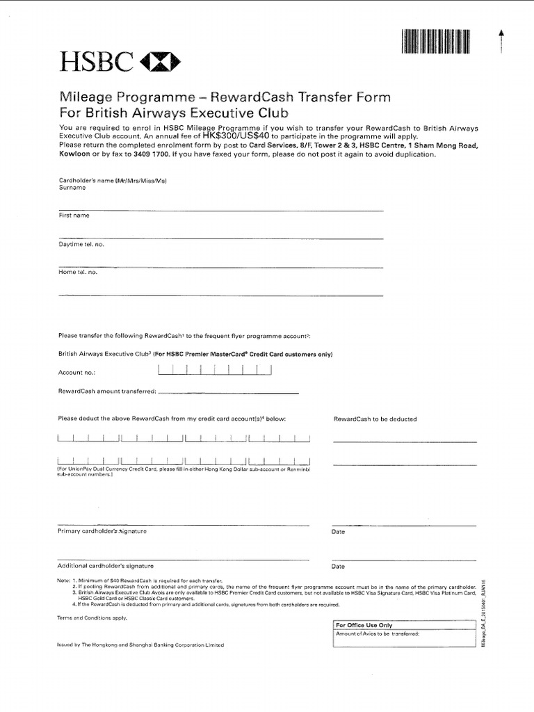 HSBC O: Mileage - Rewardcasli Transfer Form For British ...