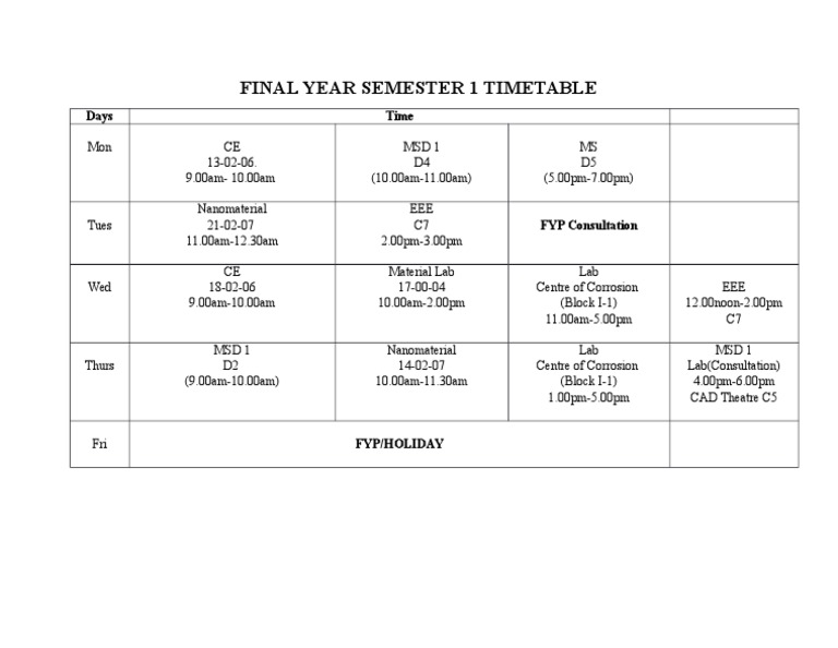 Final Year Semester 1 Timetable | PDF | Teaching Methods & Materials ...