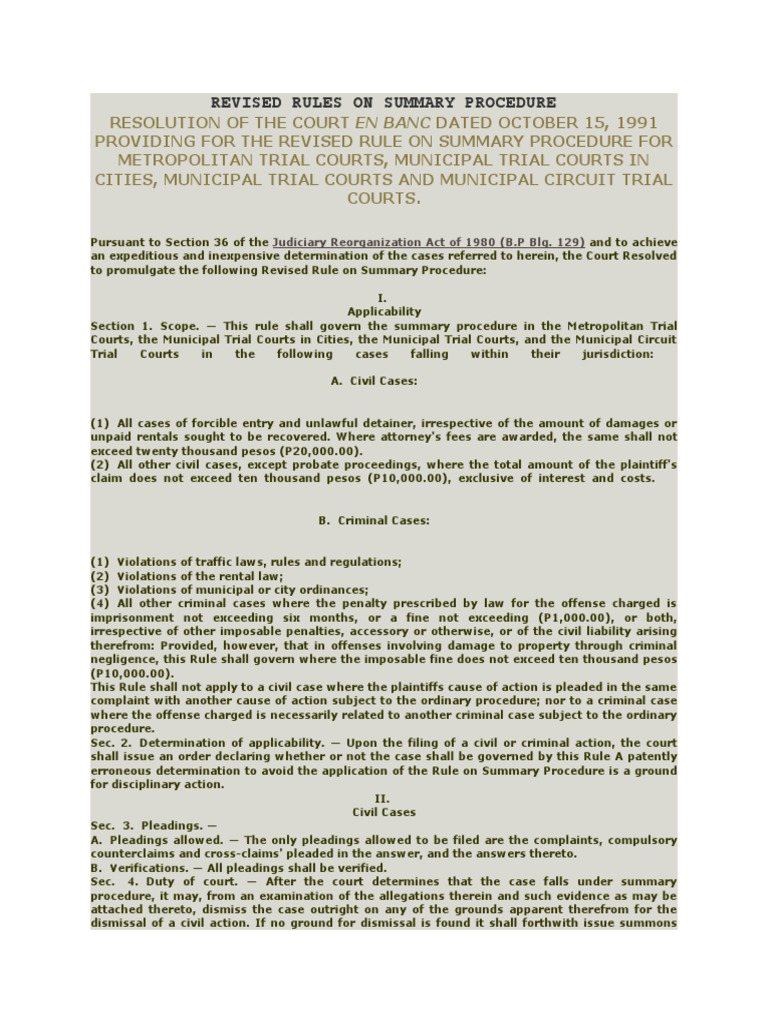 Revised Rules On Summary Procedure | PDF | Affidavit | Complaint