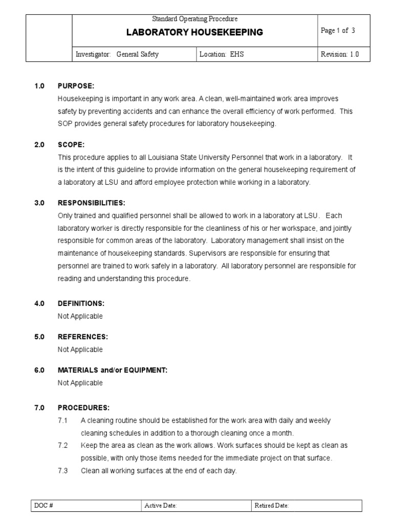 Laboratory Housekeeping: 1.0 Purpose | PDF | Laboratories | Safety