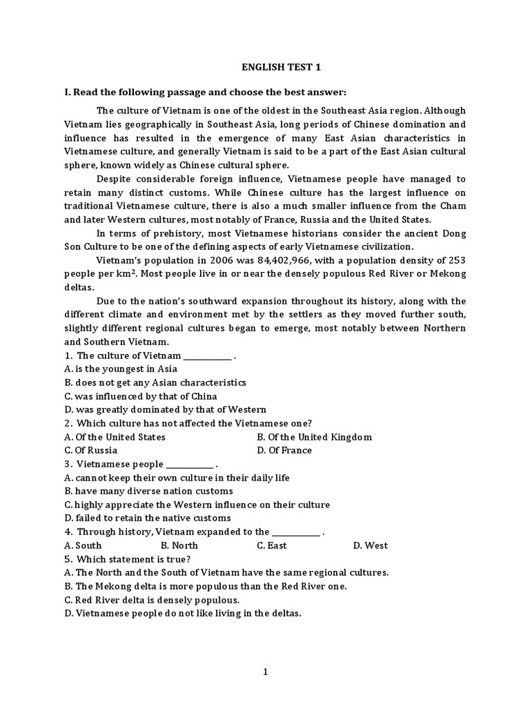 English Test 1 I. Read The Following Passage and Choose The Best Answer ...