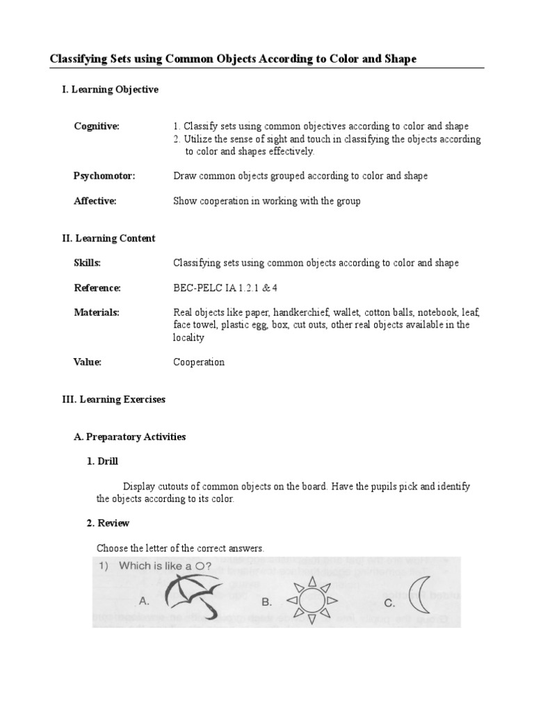 Classifying Sets Using Common Objects According To Color and Shape ...