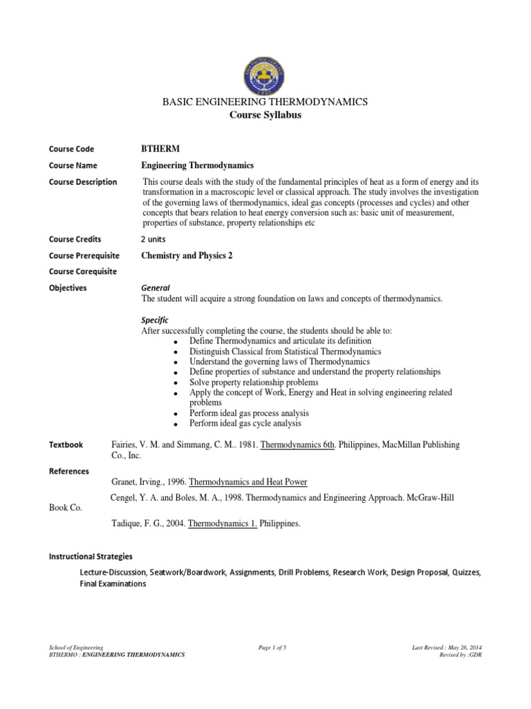 Basic Engineering Thermodynamics: Course Syllabus | PDF ...