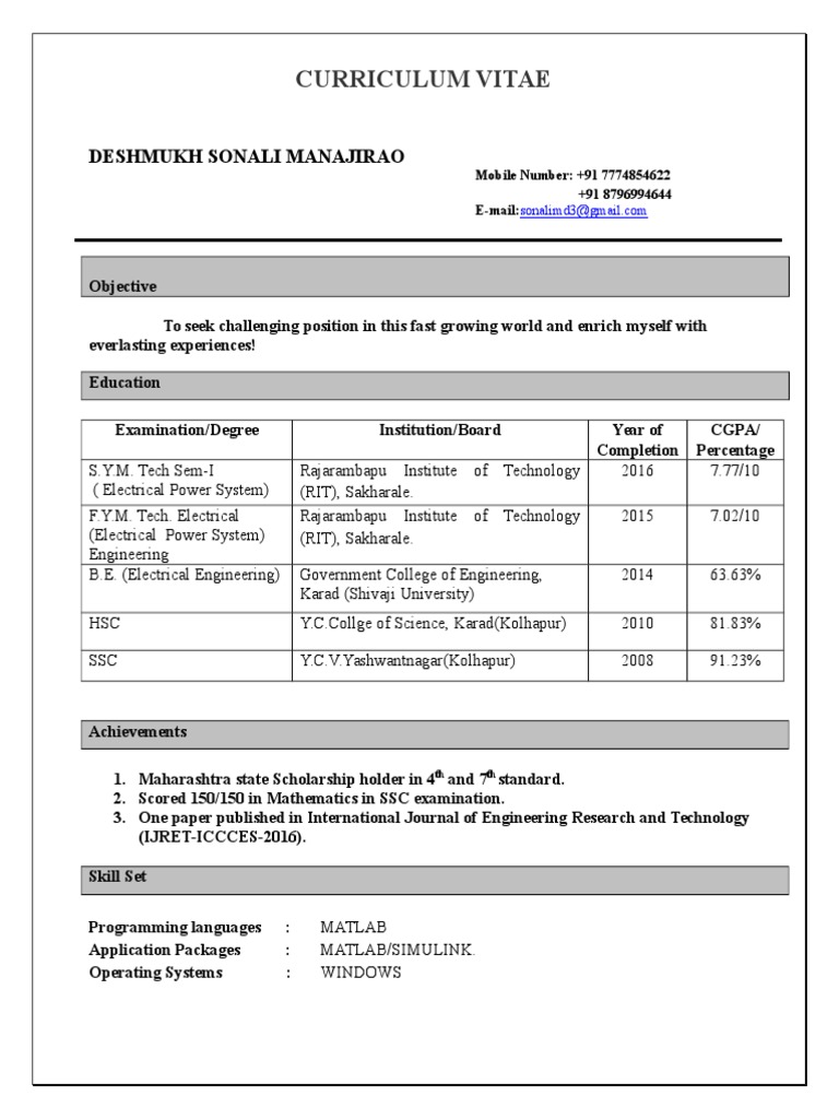 Curriculum Vitae: Deshmukh Sonali Manajirao | PDF