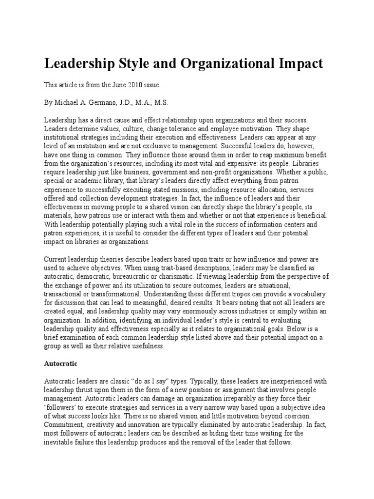 Leadership Styles and Their Impact on Libraries | PDF | Leadership ...