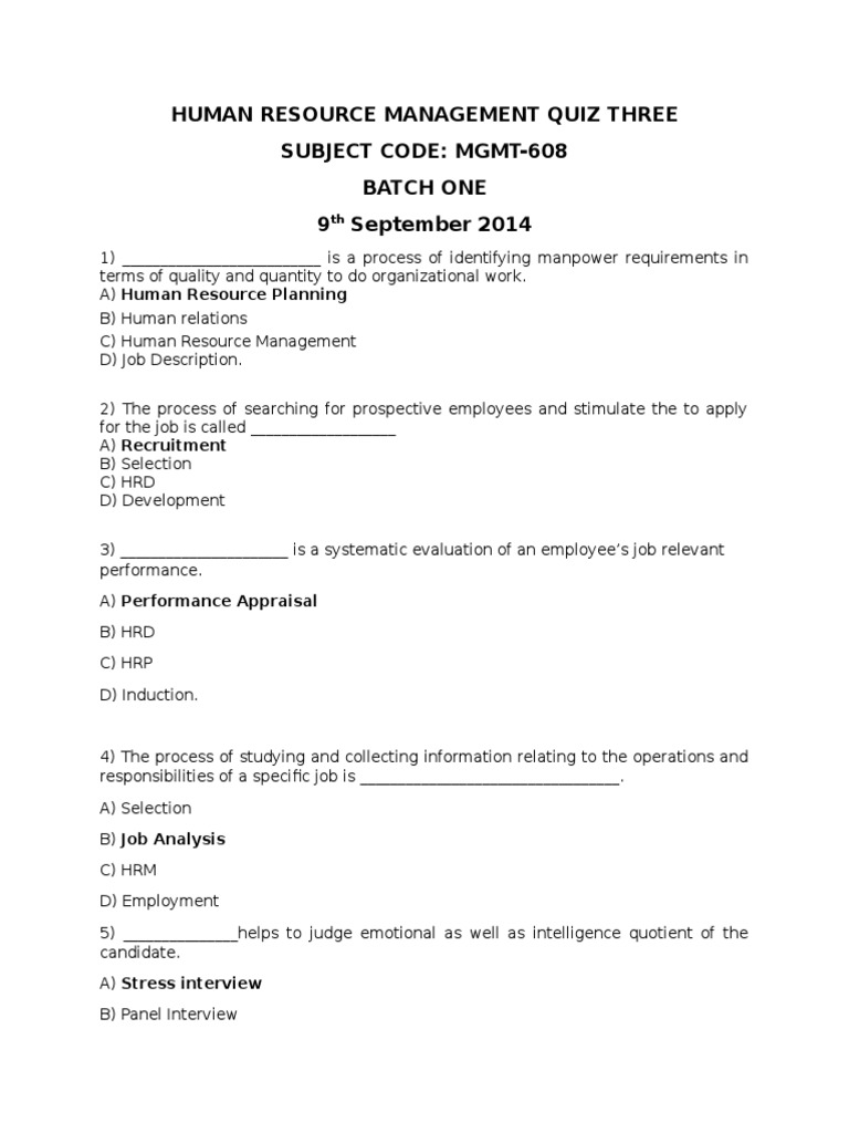 Human Resource Management Quiz Three Subject Code: Mgmt-608 Batch One 9 ...