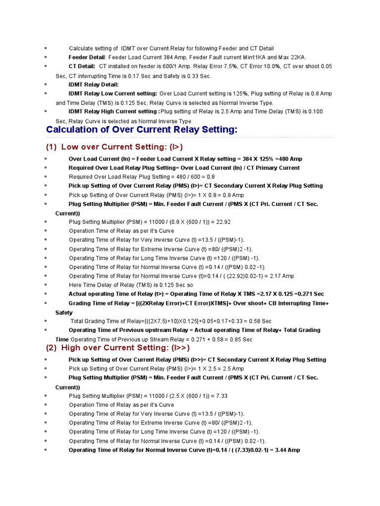 IDMT Relay Setting Calculation Guide | PDF | Relay | Equipment