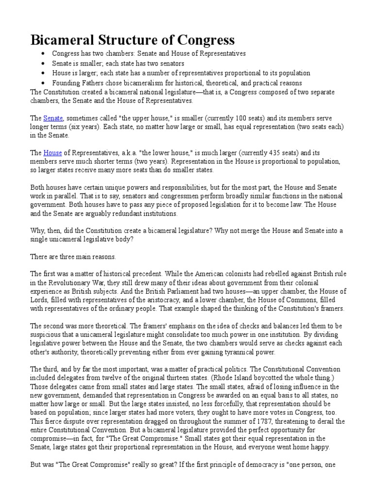 Bicameral Structure of Congress | Legislature | Senate