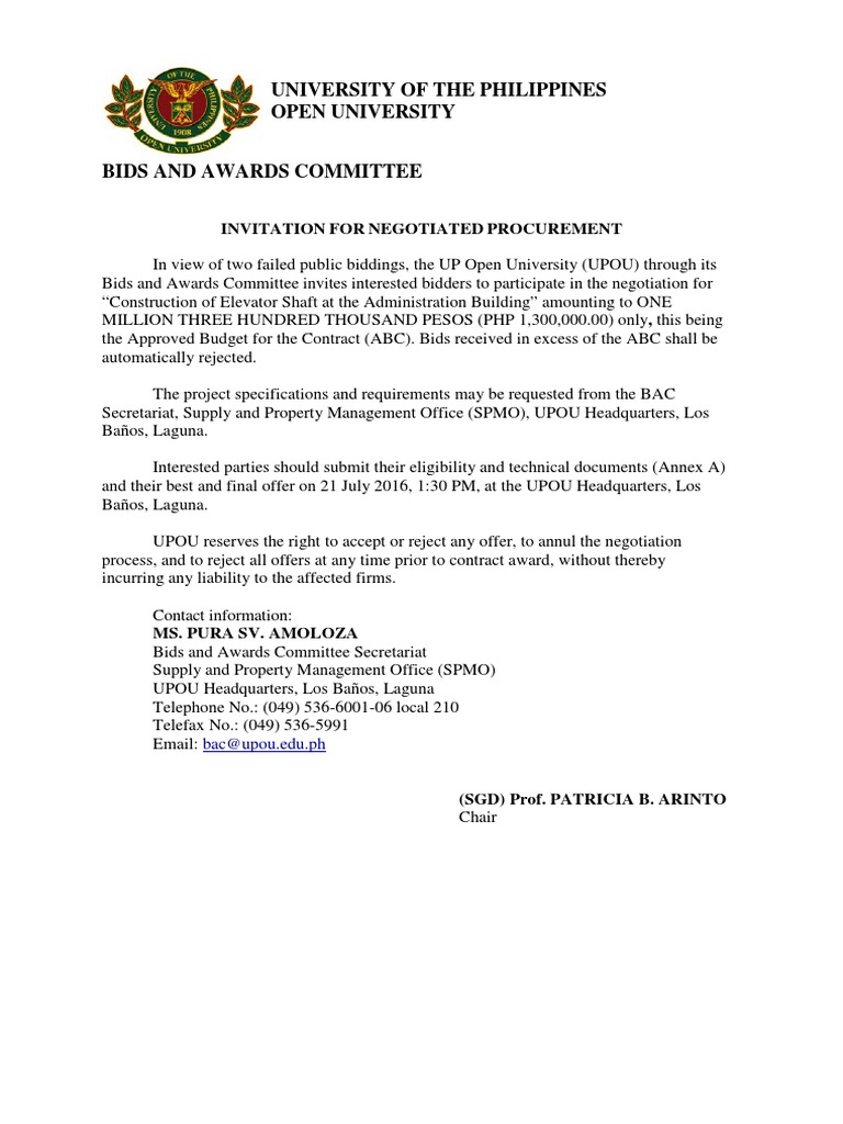 Invitation For Negotiated Procurement - Construction of Elevator Shaft ...