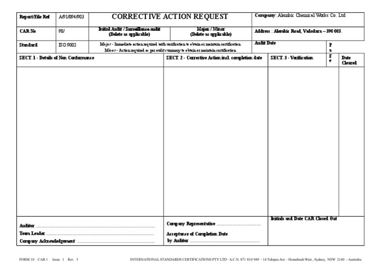 Corrective Action Request: A/91/094/903 98/ ISO 9002 | PDF | Business ...