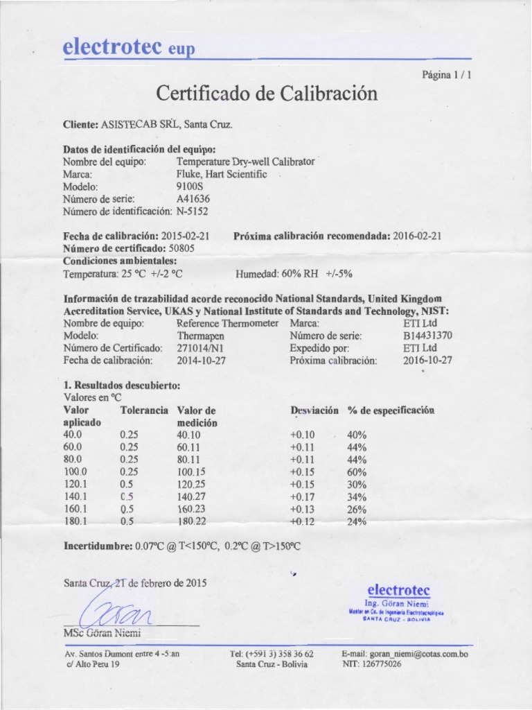 CERTIFICADO - Temperature Dry-Well Calibrator | PDF