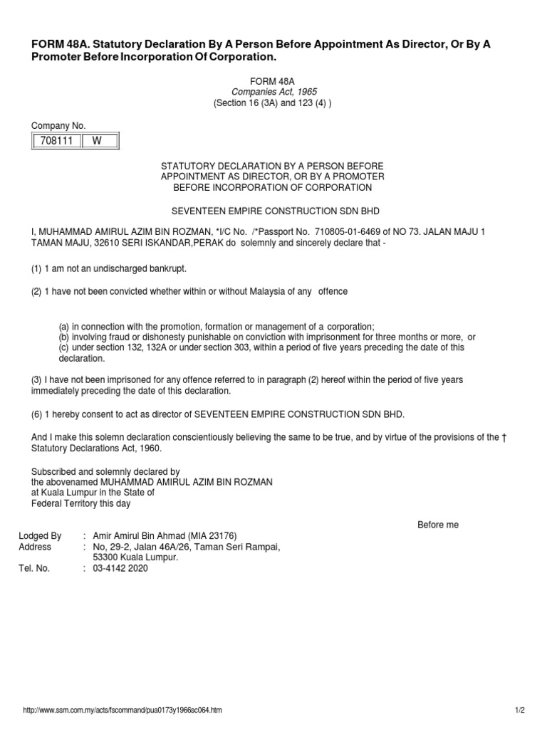 FORM 48A. Statutory Declaration by a Person Before Appointment as ...