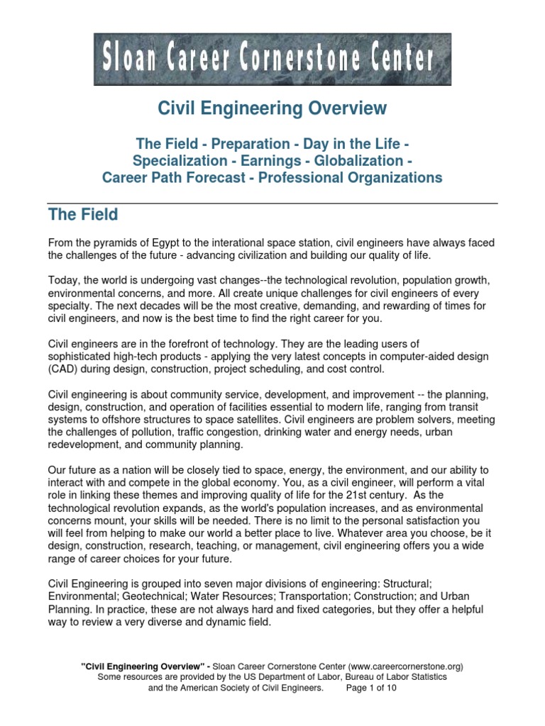 Civil Engineering Overview: The Field | PDF | Employment | Transport