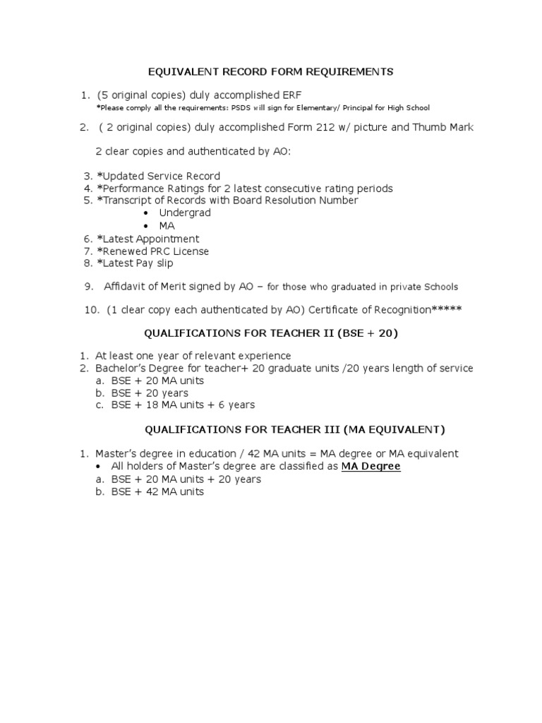 Erf-Requirements-Teacherph Com | PDF | Master's Degree | Bachelor's Degree