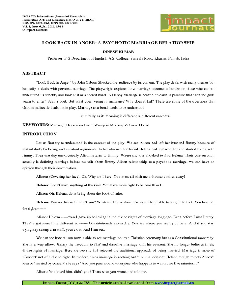 Look Back in Anger - A Psychotic Marriage Relationship | PDF ...