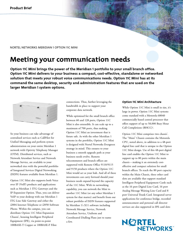 Meeting Your Communication Needs: Nortel Networks Meridian 1 Option 11C ...