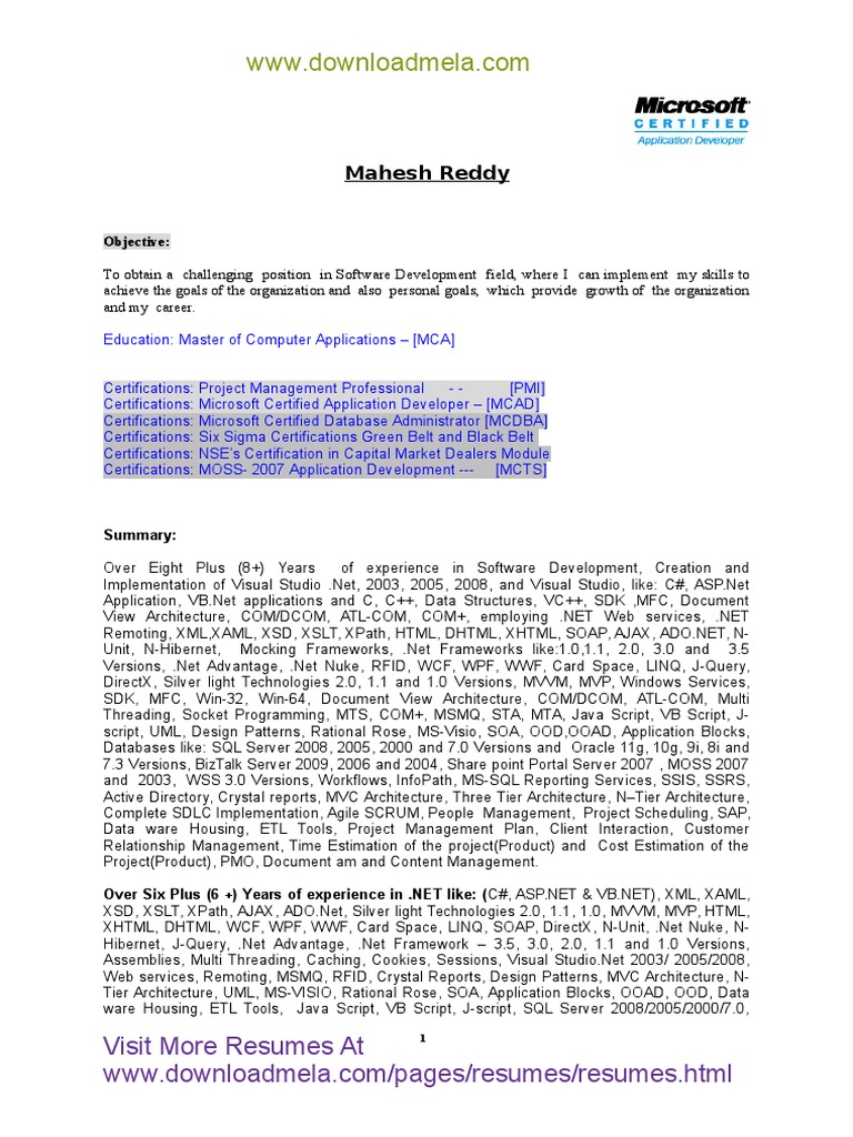 Dot Net Developer With 8 Years Experience Resume | Download Free PDF | Microsoft Sql Server ...