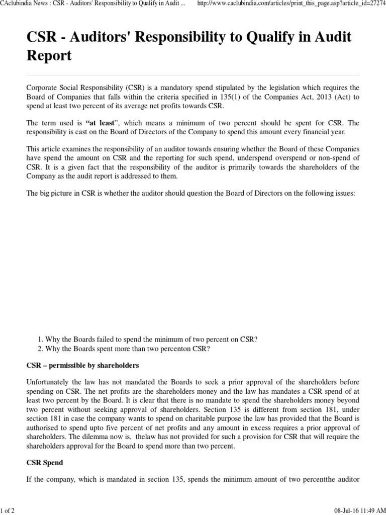 CAclubindia News - CSR - Auditors' Responsibility to Qualify in Audit ...