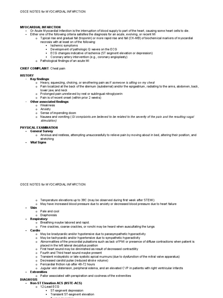 Osce Notes - Myocardial Infarction | PDF | Myocardial Infarction ...