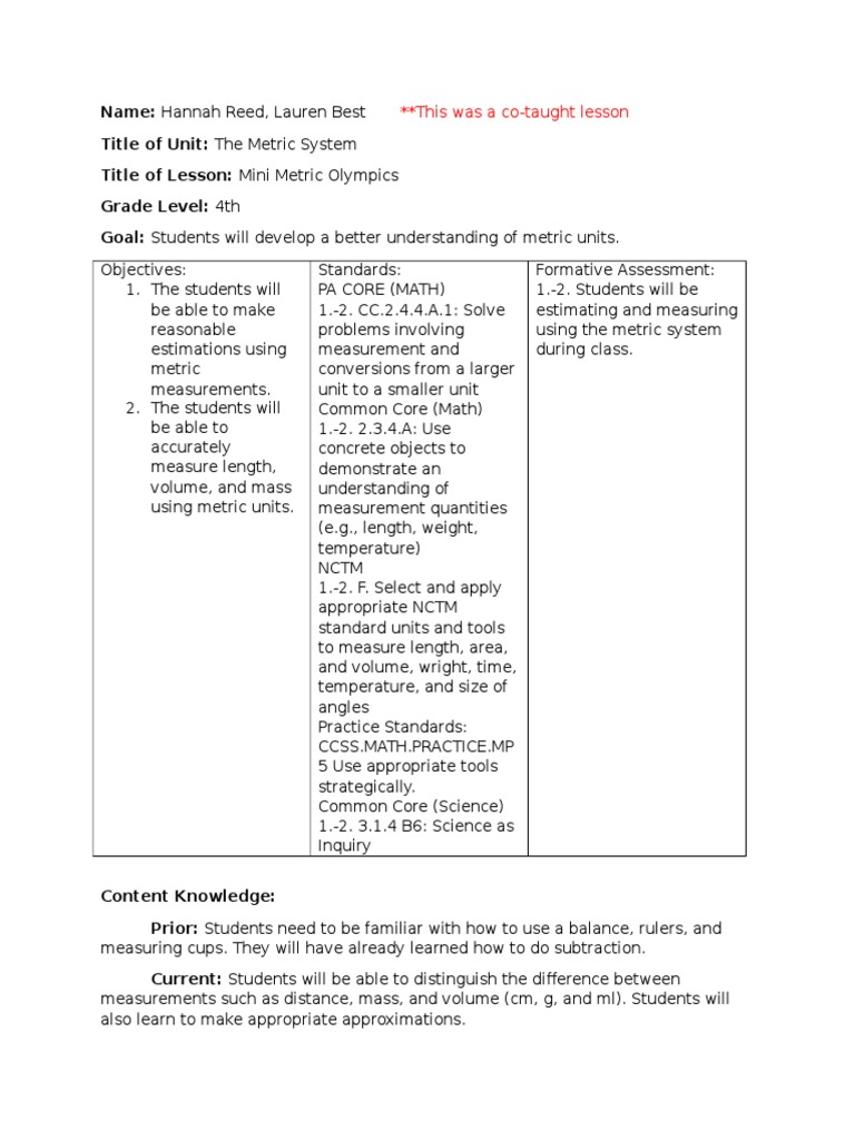 Mini Metric Olympics Lesson | PDF | National Council Of Teachers Of ...