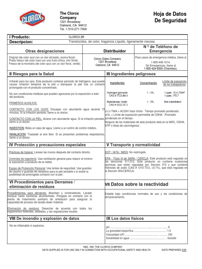 Hoja de Seguridad Lejia Clorox. | PDF | Agua | Sustancias químicas