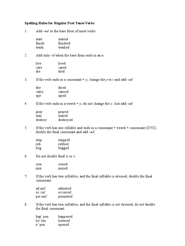 Spelling Rules For Regular Past Tense Verbs | PDF