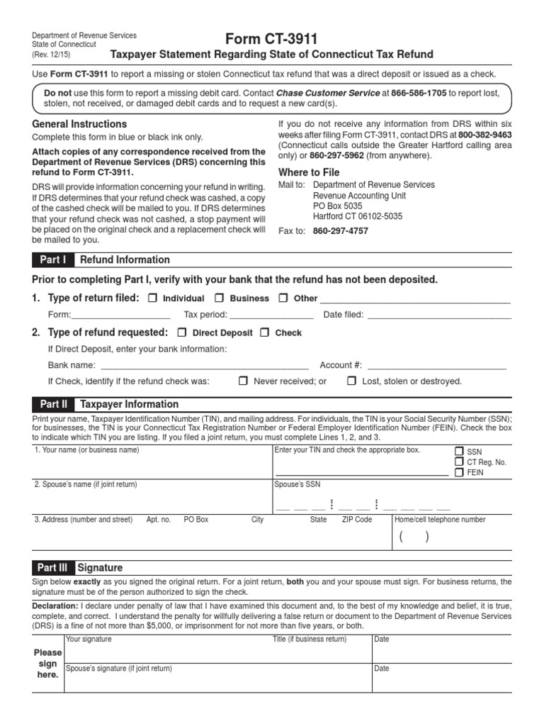 CT 3911 | PDF | Tax Refund | Social Security Number