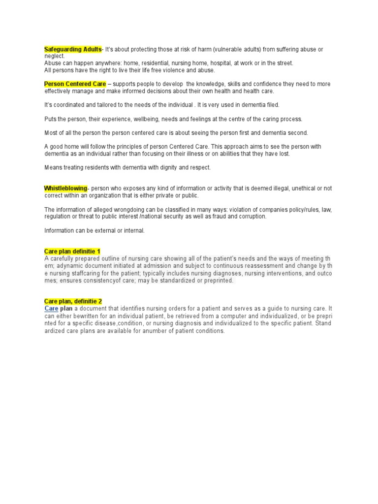 Definitii Safeguarding Adults, Whistleblowing, Care Plan, Person ...