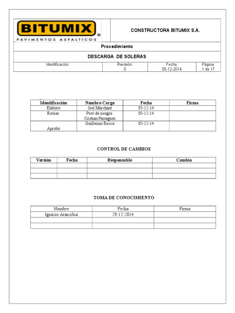 Procedimiento de Descarga de Soleras | PDF | La seguridad | Calidad (comercial)