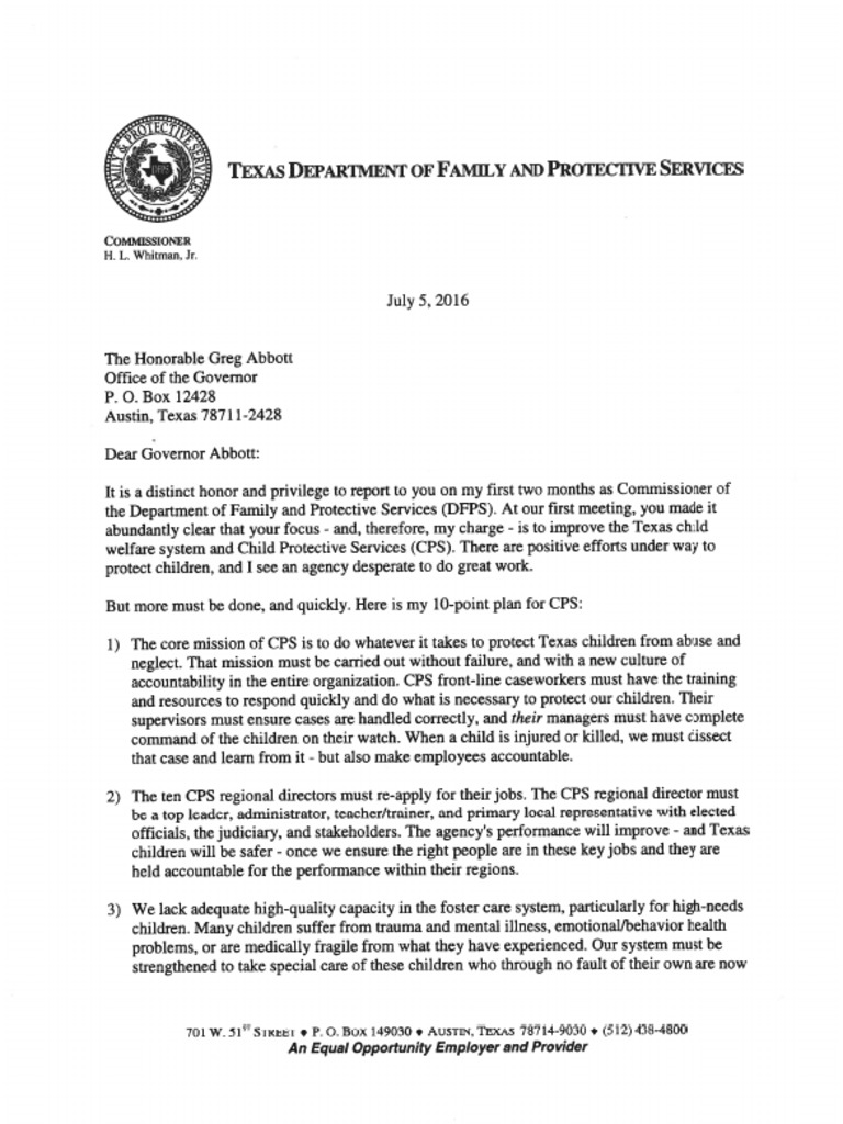Commissioner Hank Whitman Letter Regarding CPS Reforms | Child ...