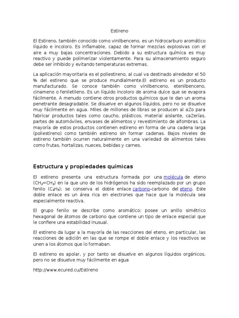 Estireno: propiedades, usos y materias primas para su producción | PDF ...