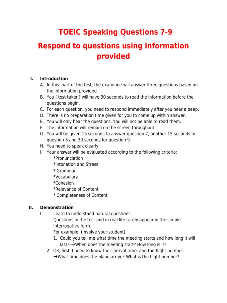 TOEIC Speaking Questions 7-9 Respond to questions using information ...