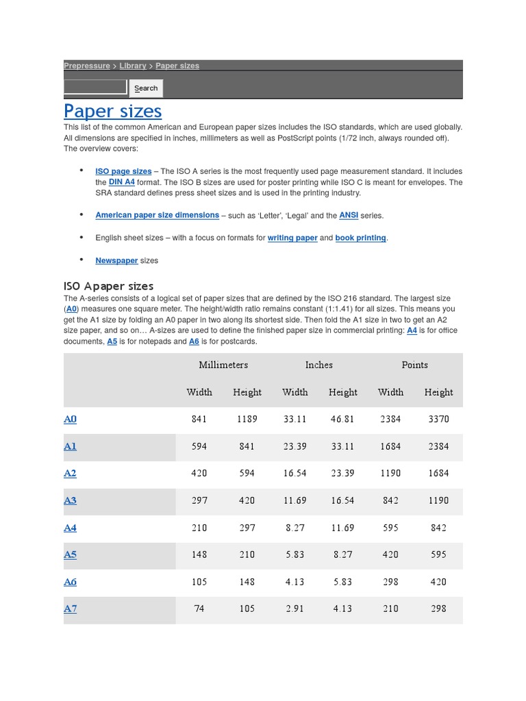 Papaer Sizes | PDF | Printing | Text
