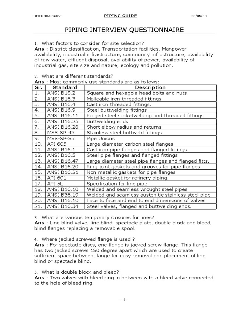 Piping Interview Questionnaire Guide | PDF | Pipe (Fluid Conveyance ...