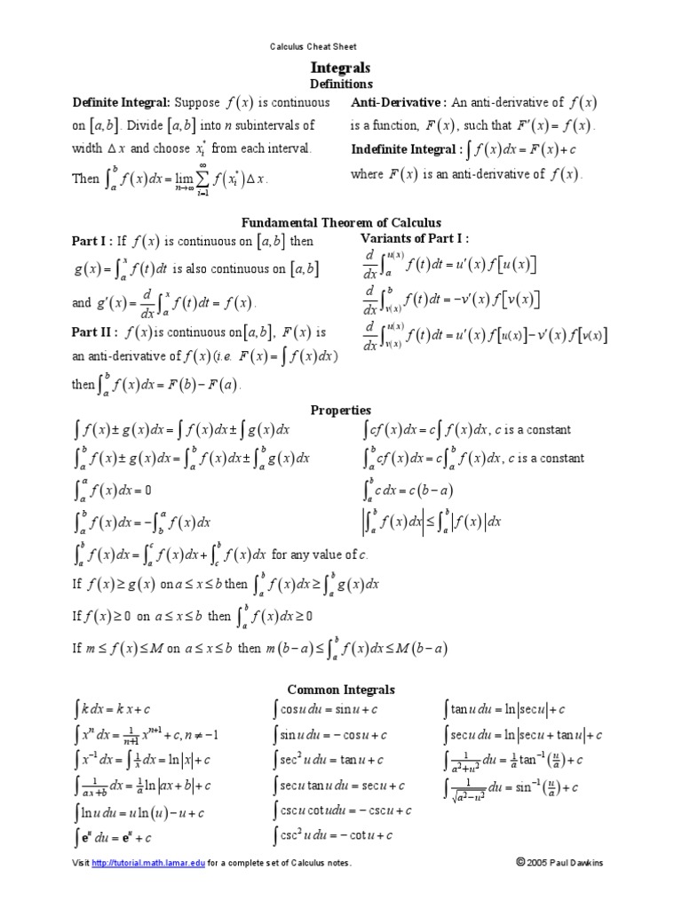 Calculus Cheat Sheet Integrals | PDF | Trigonometric Functions | Sine