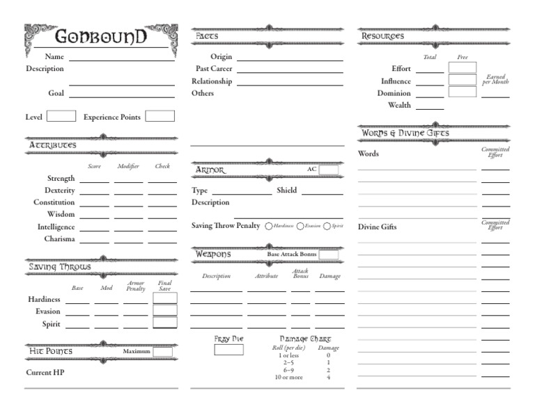 Godbound Character Sheet FORM-FILLABLE PDF | PDF