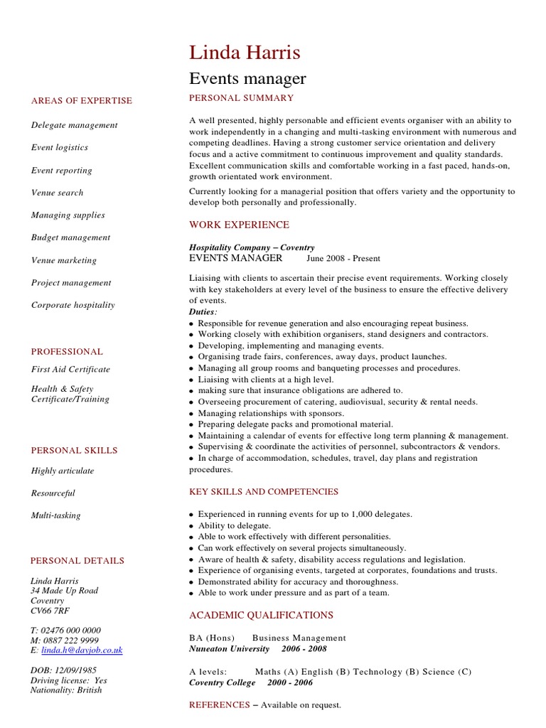 Events Manager CV Template PDF | PDF | Business | Wellness