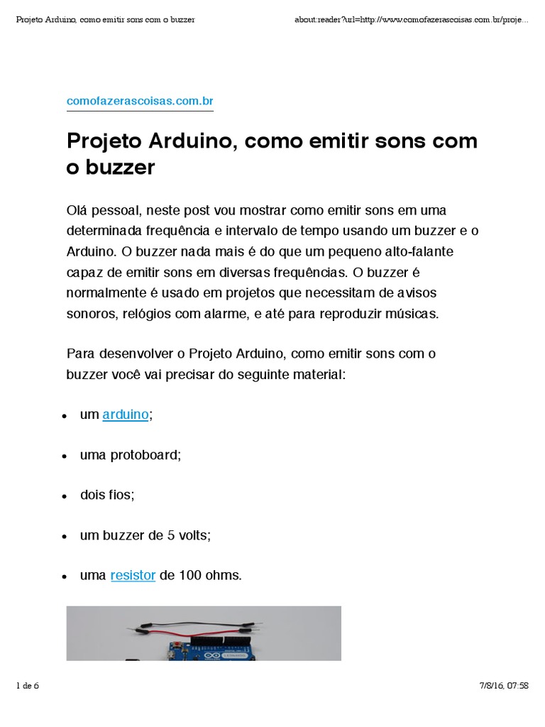 Projeto Arduino, Como Emitir Sons Com o Buzzer | PDF | Arduino | Som