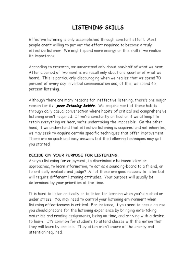 Active Listening Skills Handout